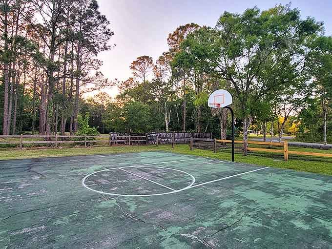 This well-worn basketball court at Yeehaw Junction Recreational Park has hosted countless pickup games, its faded lines telling stories of local competition and camaraderie.