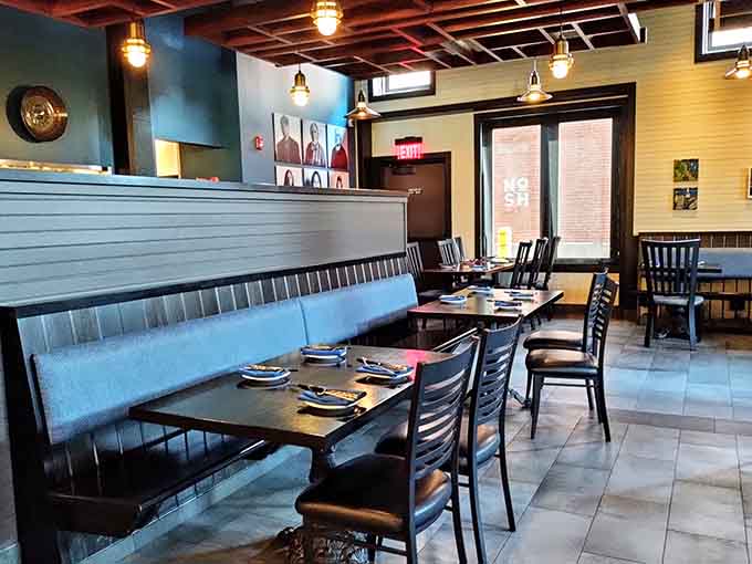 Comfortable booth seating and clean lines create a dining space that feels both modern and timeless, like good design should but rarely does.