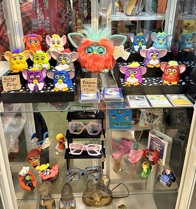 Furby fever lives on in this display case where these oddly endearing electronic pets wait for their second chance at being simultaneously adorable and slightly creepy.