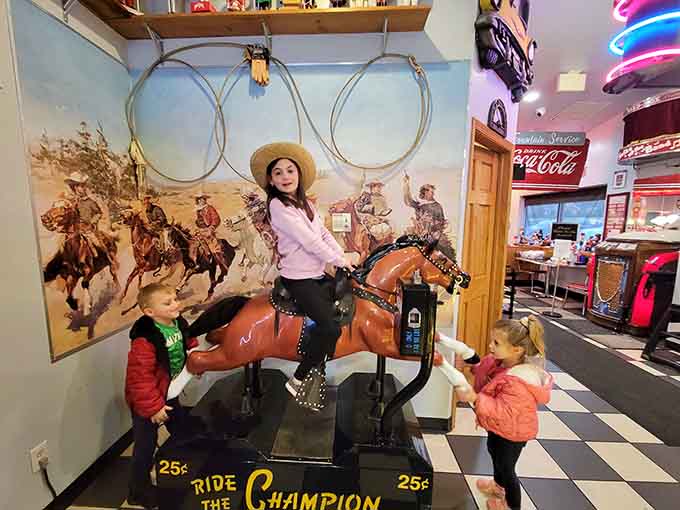 Every great diner needs a mechanical horse, because childhood memories and breakfast go together like eggs and bacon.