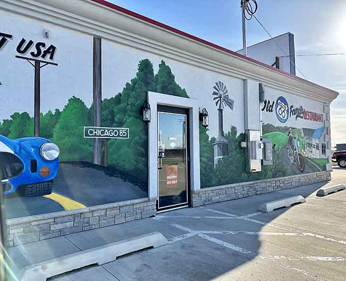 Even the exit features hand-painted murals celebrating Route 66 history, because why should leaving be any less interesting than arriving?