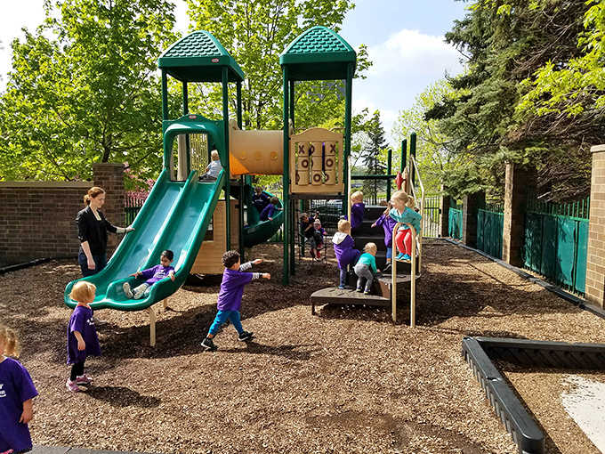 The outdoor playground provides traditional climbing equipment for fair-weather days when Minnesota's temperature rises above freezing.