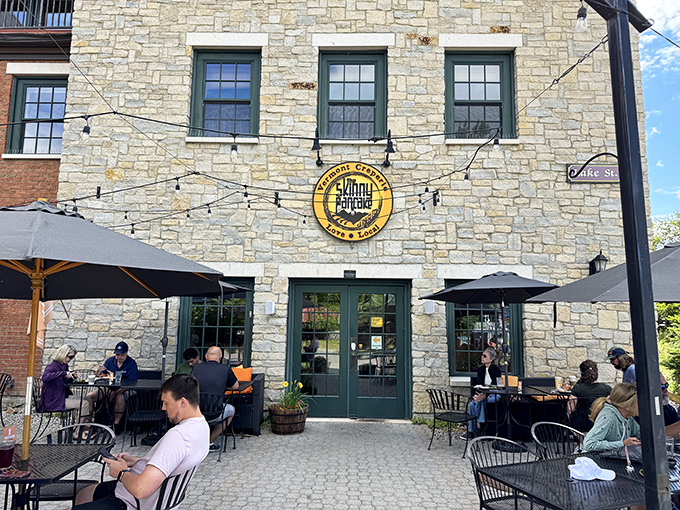 String lights twinkle above outdoor tables where diners savor both crepes and conversation &ndash; Vermont dining doesn't get more picturesque than this.