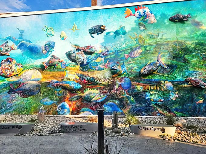 Painting: Vibrant underwater artwork brings a splash of color and whimsy to the exterior &ndash; a hint at the creative spirit waiting inside.