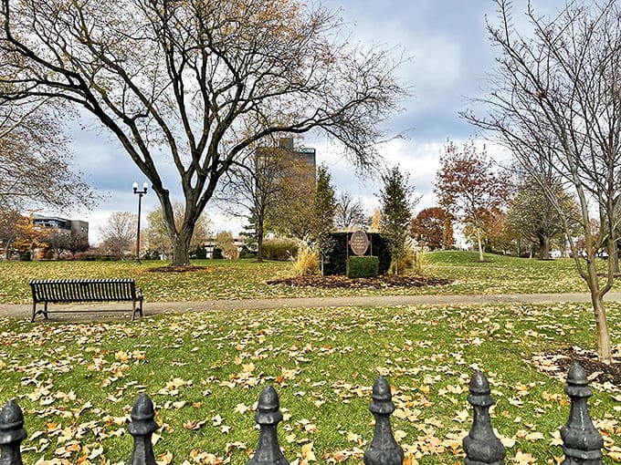 Autumn transforms the park into a golden gallery, where fallen leaves create nature's confetti around the steadfast topiary figures.