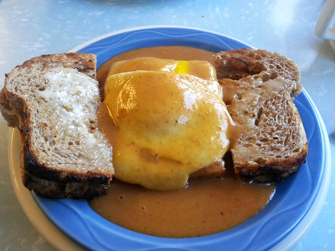 Pedro's Mex Benny with a spicy twist on Eggs Benedict! Poached eggs and savory sauce over toast.