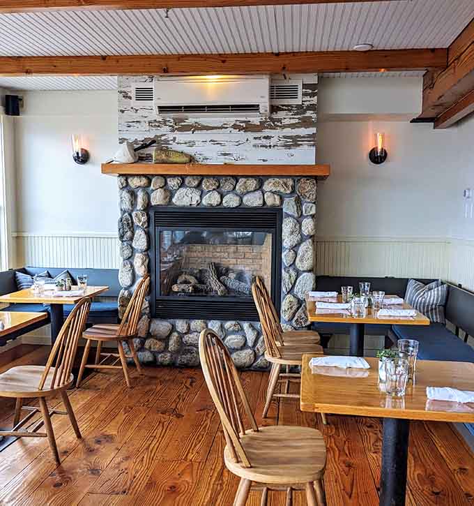 A stone fireplace anchors one corner of the restaurant, adding cozy warmth when Maine's weather turns temperamental outside.
