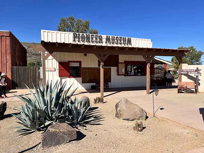 The Pioneer Museum entrance welcomes visitors to begin their journey through Arizona's territorial past, where history comes alive beyond the threshold.