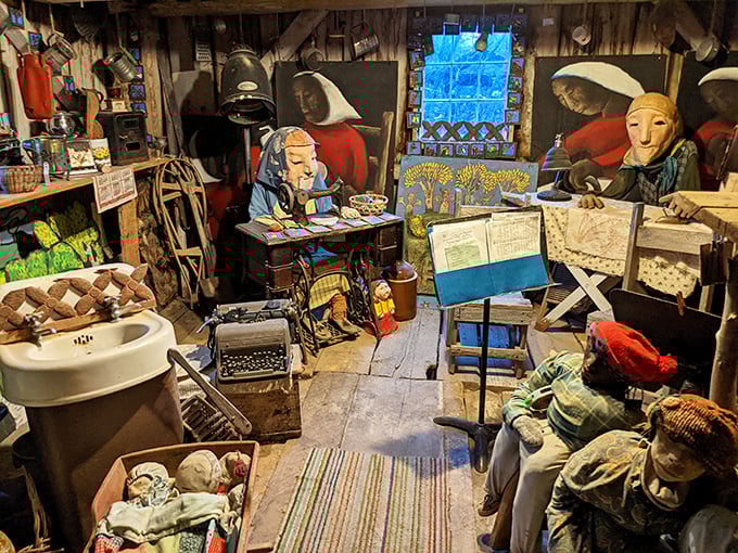 A workshop scene reveals the intimate creative space where puppets begin their lives, surrounded by the tools of theatrical imagination.