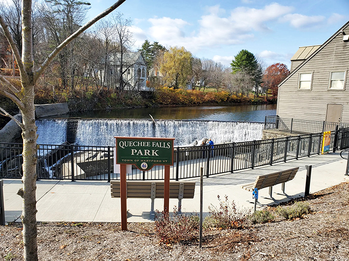 Quechee Falls Park welcomes visitors with its perfect combination of rushing water, historic architecture, and that unmistakable Vermont charm.