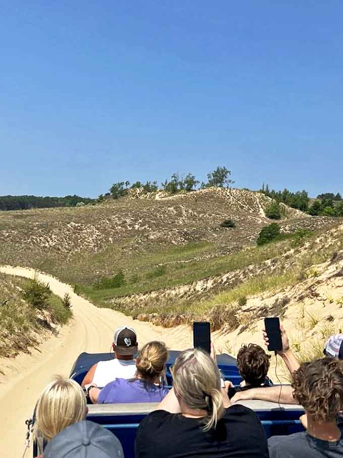 The view from the driver's seat shows exactly what your guide sees: endless possibilities for thrills, spills, and spectacular scenery around every sandy corner.