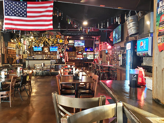 Another angle reveals the full scope of this barbecue palace, where every seat offers a good view of the action.