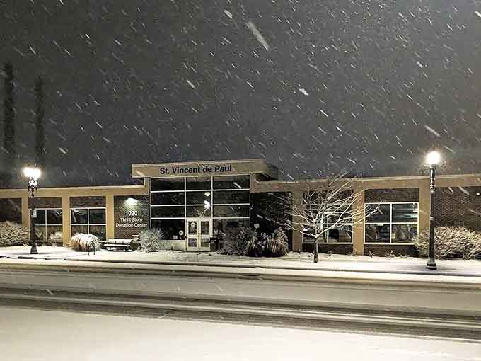 Even in winter's grip, this thrift store shines bright, beckoning bargain hunters and treasure seekers through snow and cold.