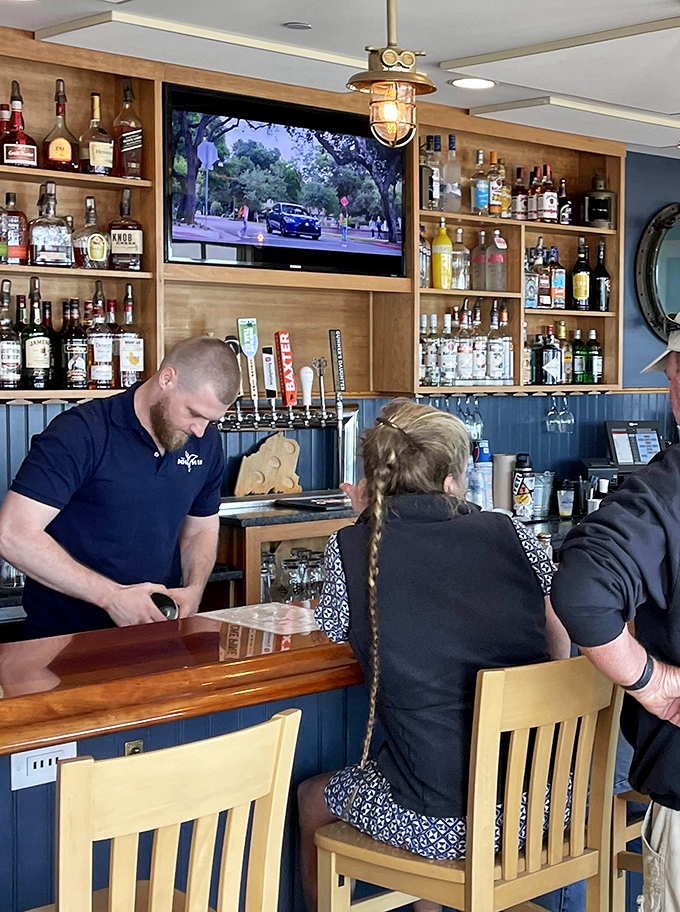 The bar area balances nautical charm with modern comfort &ndash; the perfect perch for local brews and seafood-friendly cocktails.