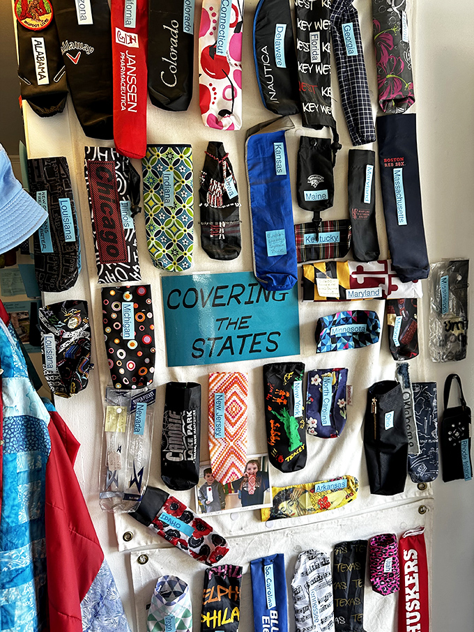 "Covering the States" displays umbrella sleeves from across America &ndash; a fabric map of regional pride and travel memories.