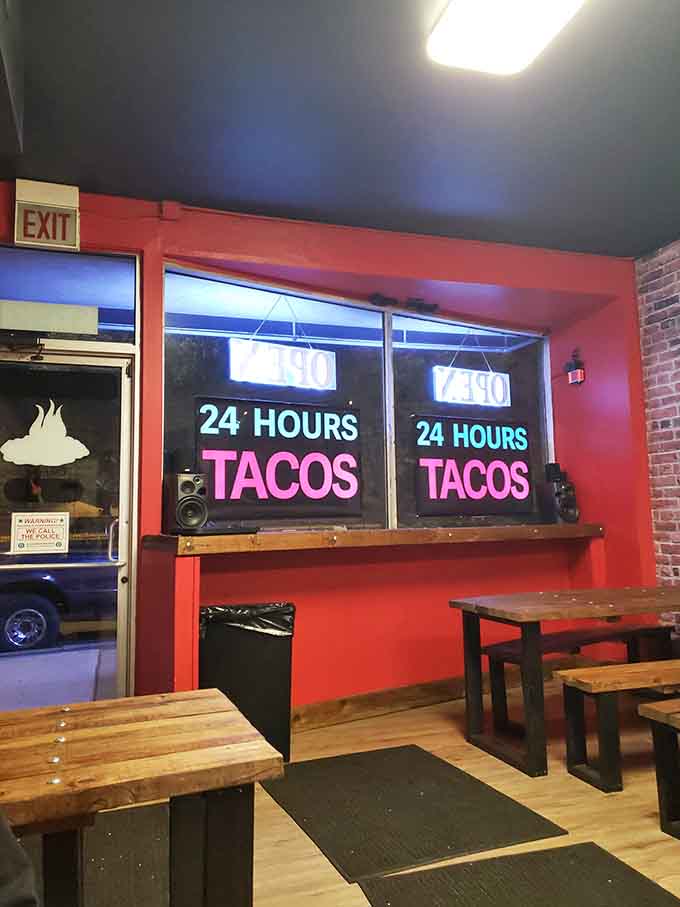 Those "24 Hours Tacos" signs aren't just decoration, they're a promise to night owls everywhere.