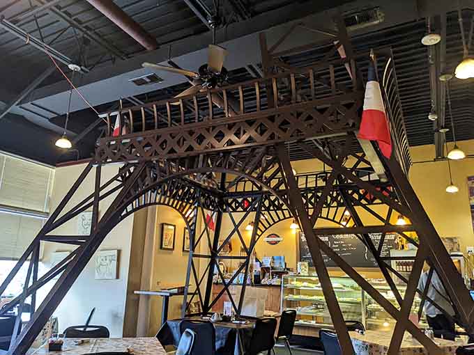 Multiple Eiffel Tower replicas throughout the space remind you that you're here for a French experience, minus the transatlantic flight.