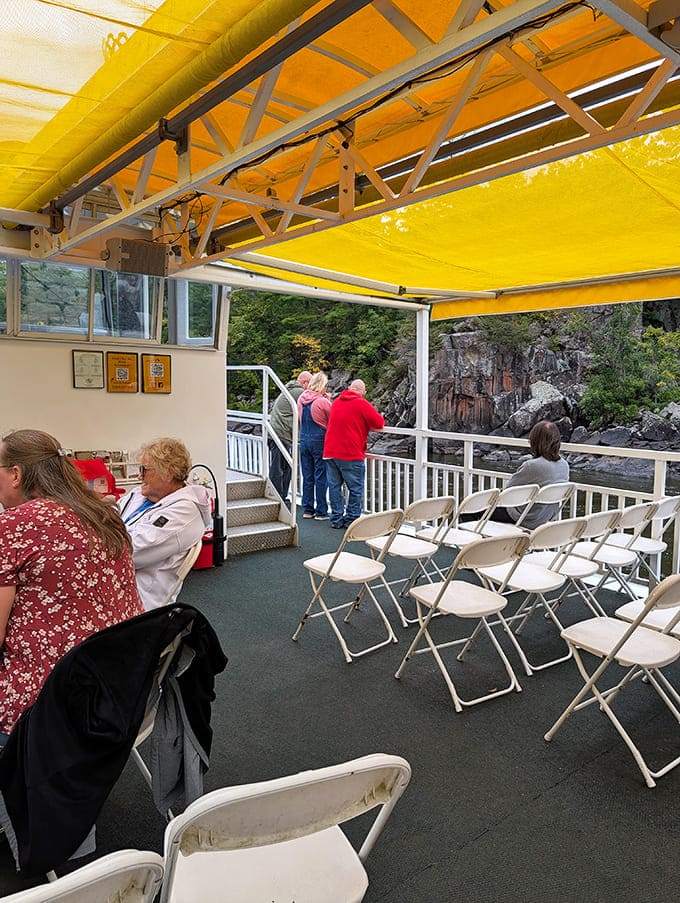 Taylors Falls riverboat tour brings everyone together, yellow-canopied deck, rocky cliffs, and crisp Minnesota air included for a relaxing afternoon.