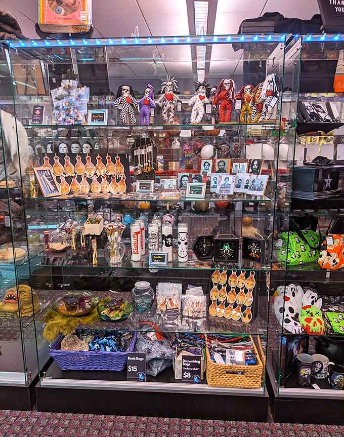 Glass cases protect precious collectibles while letting you admire the craftsmanship that goes into quality horror merchandise.