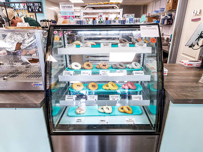The display case showcases fresh donuts like edible jewelry, each one deserving its own spotlight.