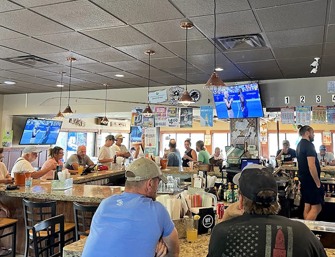 The dining room buzzes with happy conversations and clinking glasses as locals and visitors share great meals together.