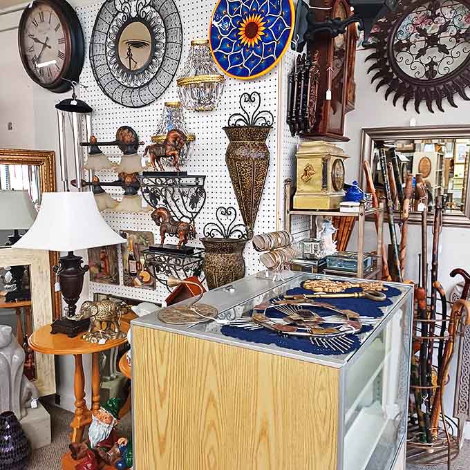 Wall-to-wall treasures include ornate mirrors, vintage clocks, and decorative pieces that add character no big box store can replicate.