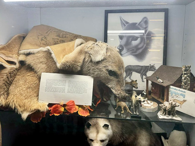A fascinating display at the International Cryptozoology Museum, featuring thylacine replicas, artwork, and artifacts celebrating mysterious creatures and legendary wildlife history.