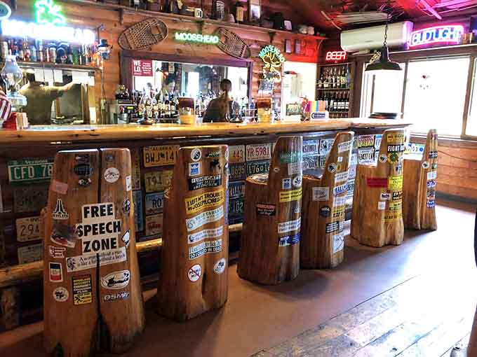The bar features tree stump stools and enough character to make you want to settle in.