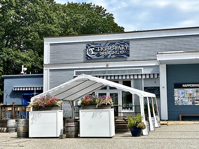 Tributary Brewing Company's outdoor seating area welcomes beer enthusiasts to sample local brews while debating the merits of various hop varieties.