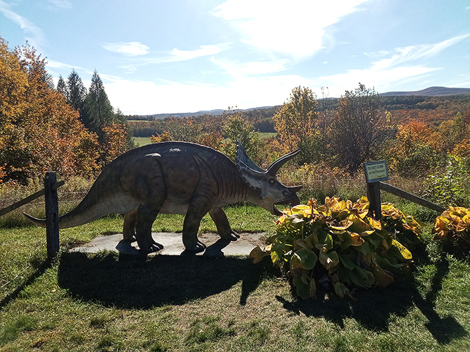 This triceratops seems suspiciously at home among the autumn foliage, creating a Jurassic-meets-pastoral scene that delights dinosaur enthusiasts of all ages.