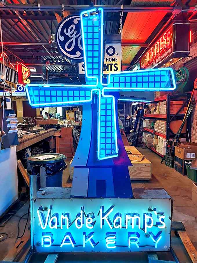 Van de Kamp's windmill-topped bakery sign spins tales of fresh bread and Dutch-inspired marketing &ndash; a California classic preserved in Ohio's electric museum.