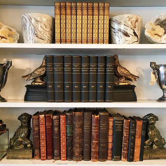 Leather-bound volumes flanked by bird bookends prove that books can be both literature and sculpture, especially when they're old enough to have actual character.
