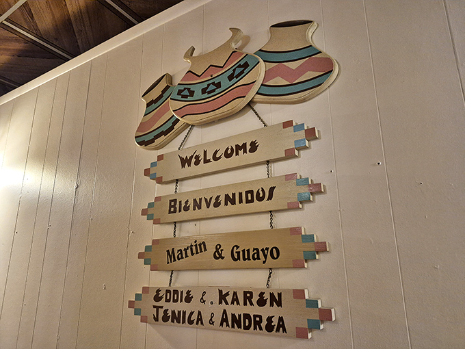 Southwestern charm on display &ndash; the "Welcome/Bienvenidos" sign showcases the family names behind this beloved institution.