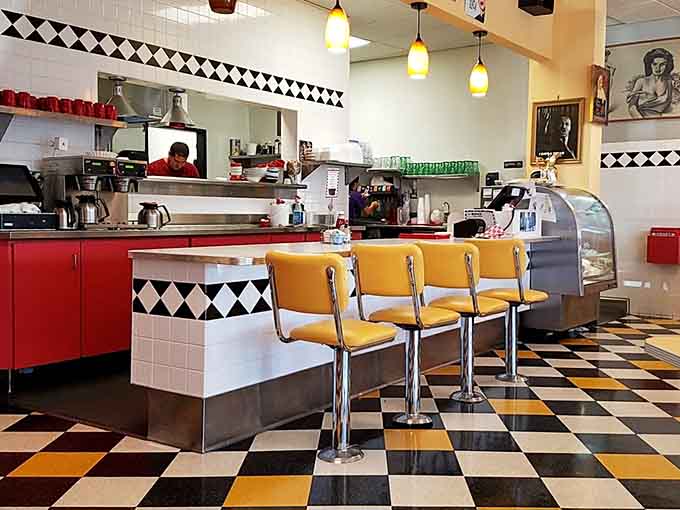 Counter seating offers prime real estate for watching breakfast magic happen right before your eyes on the griddle.