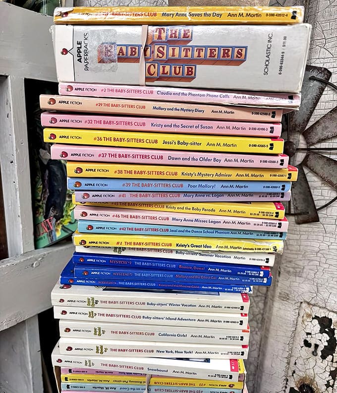 Dog-eared Babysitters Club books stand in formation, ready to transport readers back to the adventures of Kristy, Claudia, and the gang.