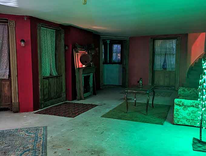 Sometimes less is more, but this green-lit space suggests sometimes less is just eerie, which works perfectly here.