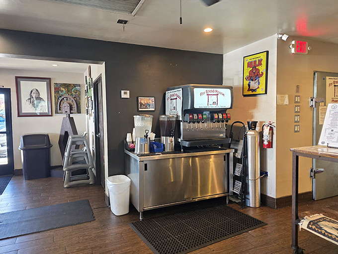 The self-serve beverage station offers refreshing drinks to complement the rich flavors of Native American cuisine.