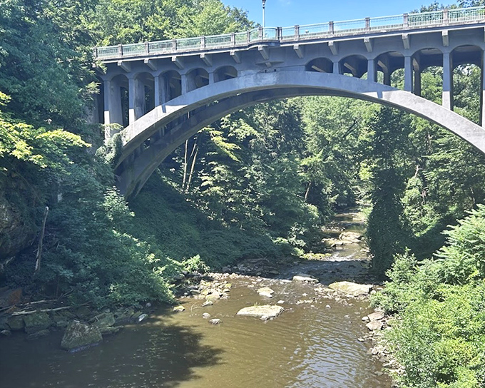 The park's majestic bridge stands like a concrete rainbow, framing the flowing waters and verdant landscape below.