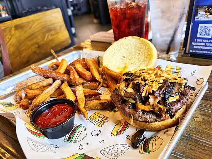 This isn't just any burger &ndash; it's a mushroom lover's dream with saut&eacute;ed fungi cascading over perfectly cooked beef on a golden toasted bun.