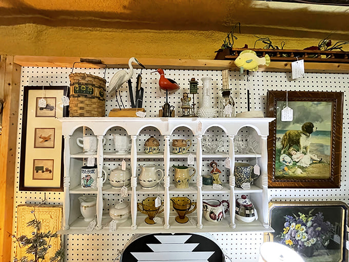 Vintage mugs and teacups arranged with an artist's eye &ndash; their patterns and colors creating a visual feast for collectors and casual shoppers alike.