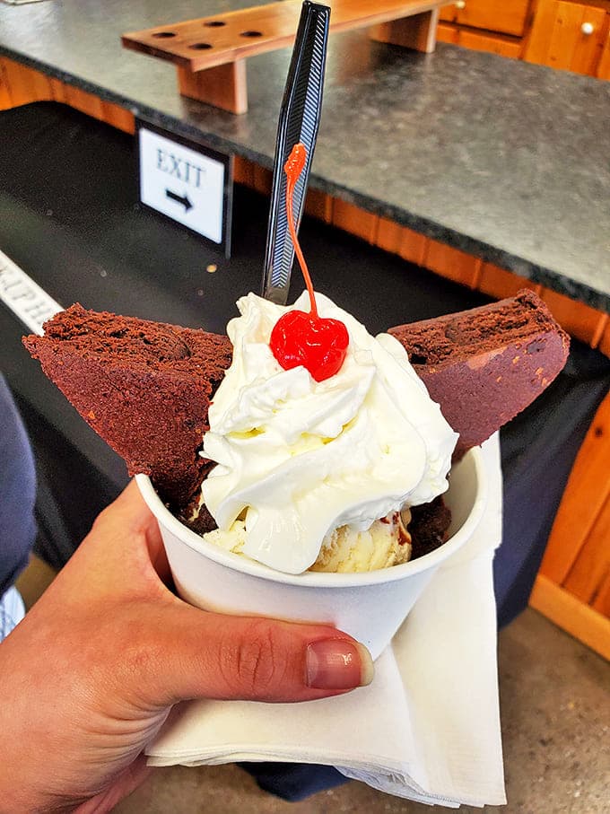 Classic brownie sundae: Chocolate cake plays supporting actor to ice cream's star performance, with whipped cream providing the dramatic final act in this dessert drama.