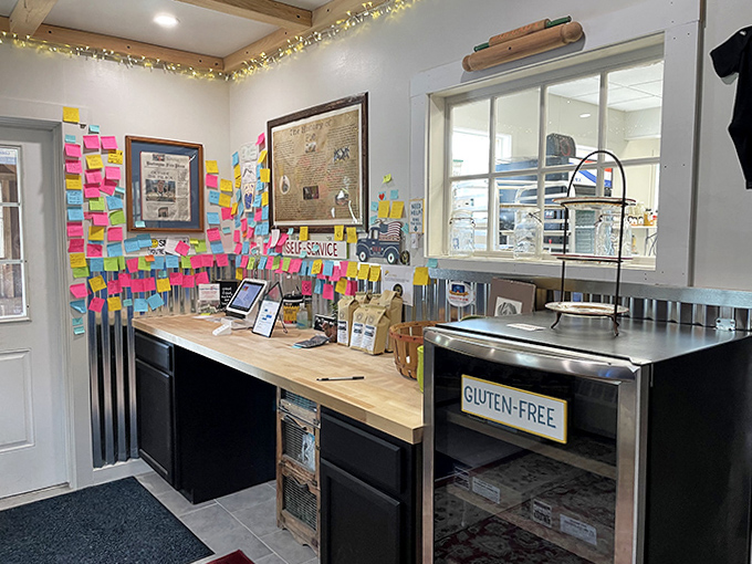 Post-it notes from satisfied customers create a colorful testament to pie-induced happiness on the walls of this beloved Vermont institution.
