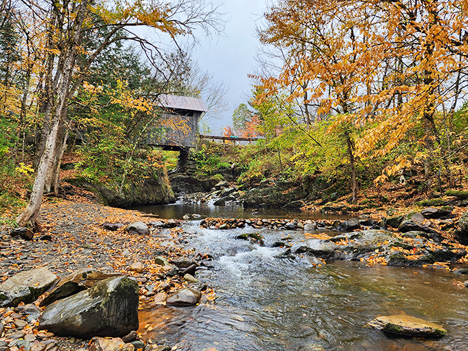Autumn's golden hour bathes the bridge in warm light, a stark contrast to the chilling experiences reported after darkness falls.
