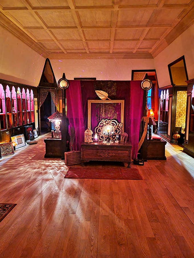 Dramatic flair takes center stage in this themed room, where rich fabrics and theatrical lighting create an atmosphere of mystery.