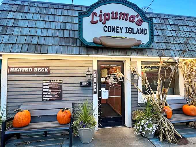 Entrance: Seasonal decorations welcome hungry visitors to this unassuming hot dog haven where Rochester residents have been getting their Coney fix for generations.