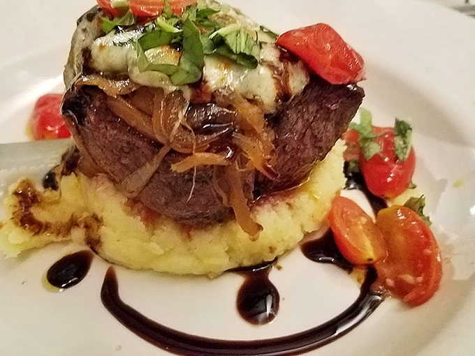 This filet mignon isn't just tender, it's practically swooning on the plate. Topped with tomatoes so fresh, they might have ripened while you ordered.
