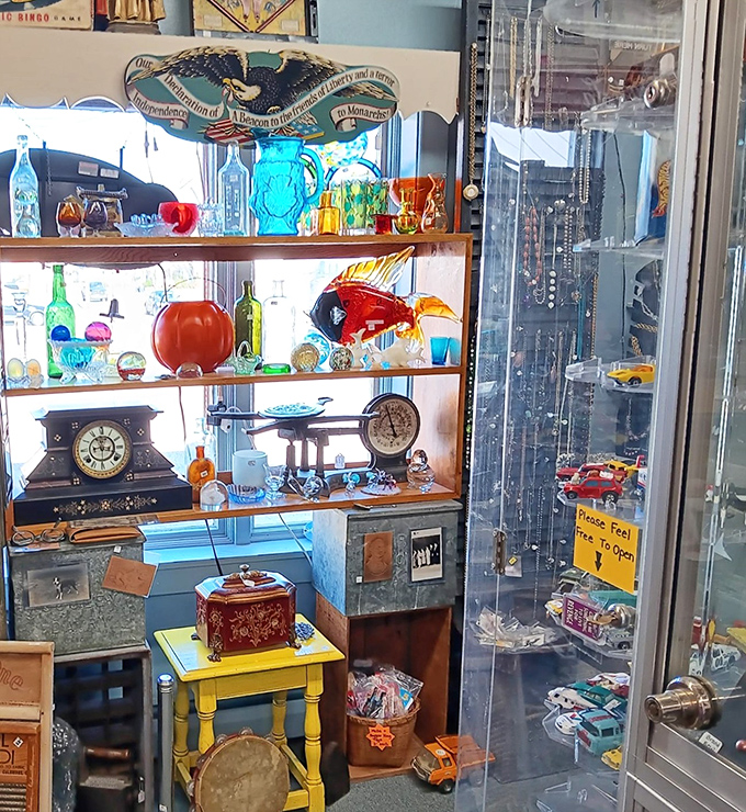 House decorations: Colorful glassware catches light like stained glass in a cathedral of nostalgia. When even everyday drinking vessels were designed with beauty in mind.