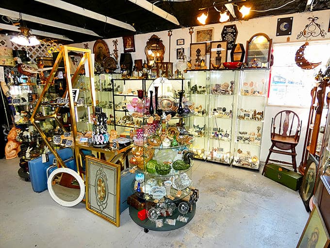 A perfectly arranged vignette of vintage treasures &ndash; where furniture, glassware, and decorative items create a time-traveling tableau of domestic life through the decades.