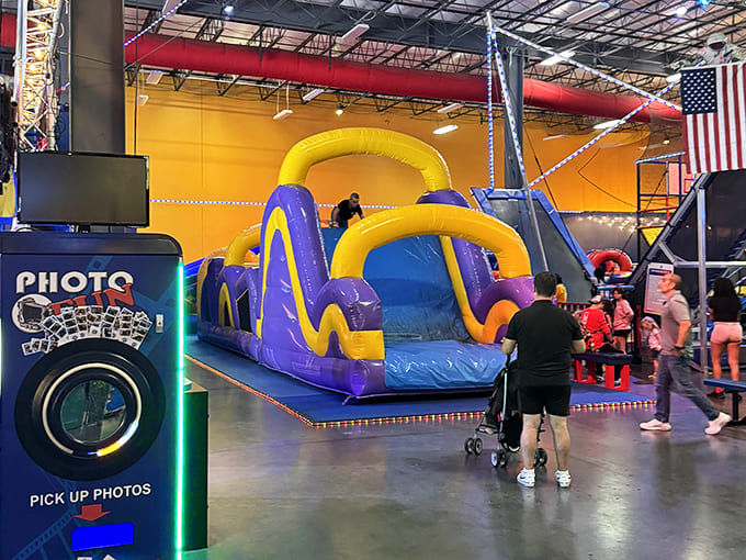 The inflatable obstacle course stretches like a bouncy castle that ate its vegetables and grew to impressive, challenge-filled proportions.