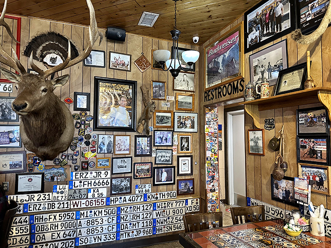Every inch tells a story &ndash; from mounted deer heads to vintage license plates, the decor creates a museum of Americana that enhances rather than distracts.